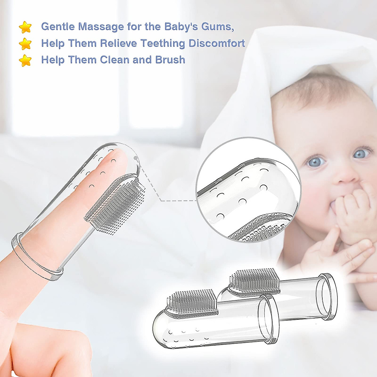 Silicone Baby Teether and Toothbrush - Set of 3 - Silicone Infant Training Finger Toothbrushes with Storage Case