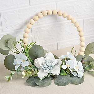 Artificial Flower Wreath,Wood Beads Camellia Wreath, Indoor/Outdoor Farmhouse Wreaths for Front Door Decor