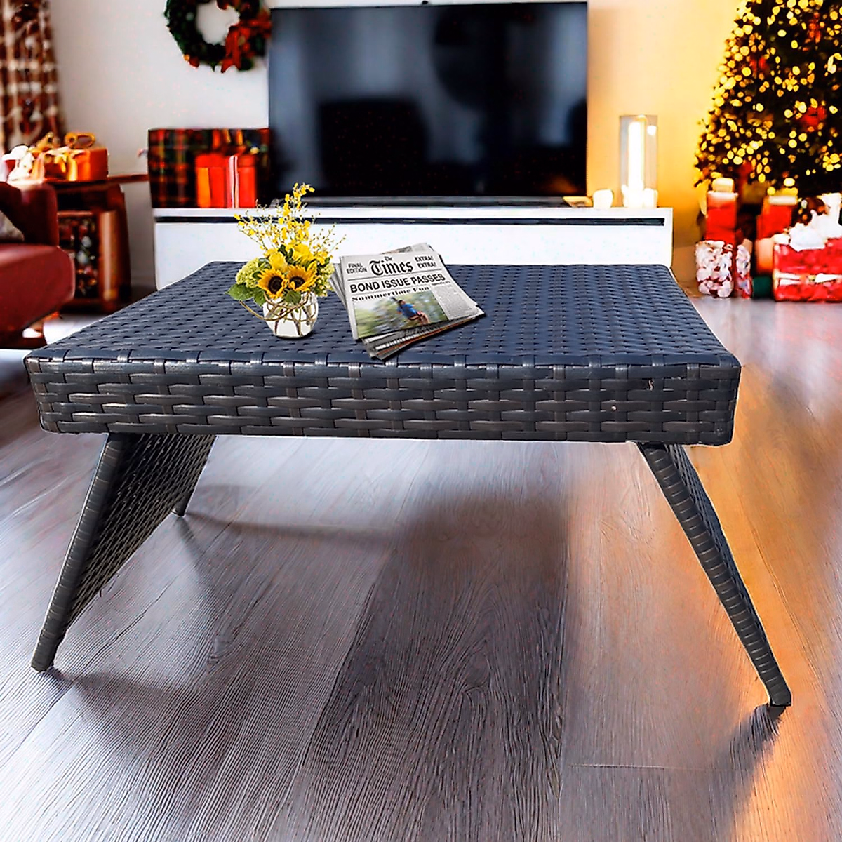 Asifom Patio Coffee Tables Outdoor Side Tables Wicker Foldable Coffee Table Folding Standing Table Portable Side Table Balcony Garden Lawn Poolside Backyard Bistro Furniture