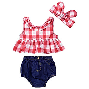 IWOKA Baby Girls Plaid Ruffle Bowknot Tank Top+Denim Shorts Outfit with Headband (70(0-6M), Red)
