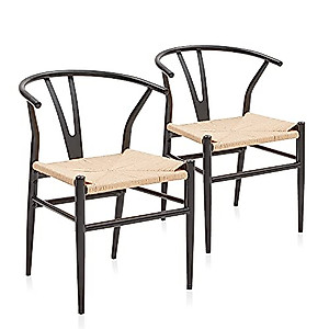 BELLEZE Black Kitchen Dining Room Chairs Set of 2, Modern Wishbone Indoor Dining Chairs with Mid-Century Metal Curved Backrest, Natural Weave Hemp Seat - Sorrento (Black)