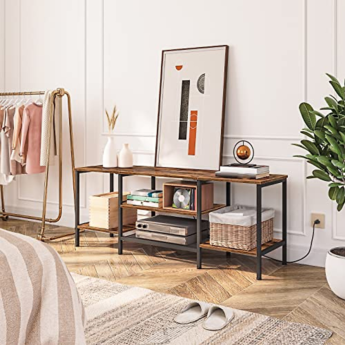 HOOBRO TV Stand with Power Outlets to 65 Inches, TV Console Table with Open Storage Shelves Cabinet, Industrial Media Entertainment Center for Living Room Bedroom, Rustic Brown and Black BF40DS01