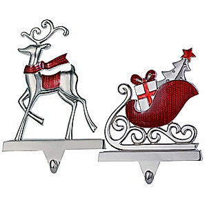 Christmas Stocking Holders for Mantle Set,Silver Christmas Stocking Hangers for Fireplace ,Deer and Sleigh Mantel Hanger Hooks for Stocking Hanging Ornament Firepiece Xmas Decor (Reindeer and Sleigh)