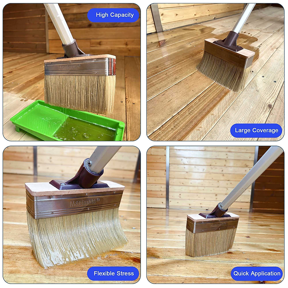 Deck Brush Stain Applicator by Magimate - Thick Soft Large Paint Brush Head with Threads for Extension to Apply Stain and Sealers on Wood Deck Floor Fence Walls - 7 Inch Wide