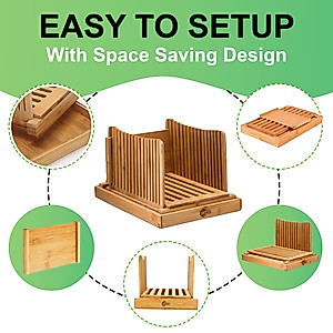 OMDS Luxury Bamboo Bread Slicer with Knife - 3 Slice Thickness, Foldable Compact Cutting Guide with Crumb Tray, Stainless Steel Bread Knife for Homemade Bread, Cake