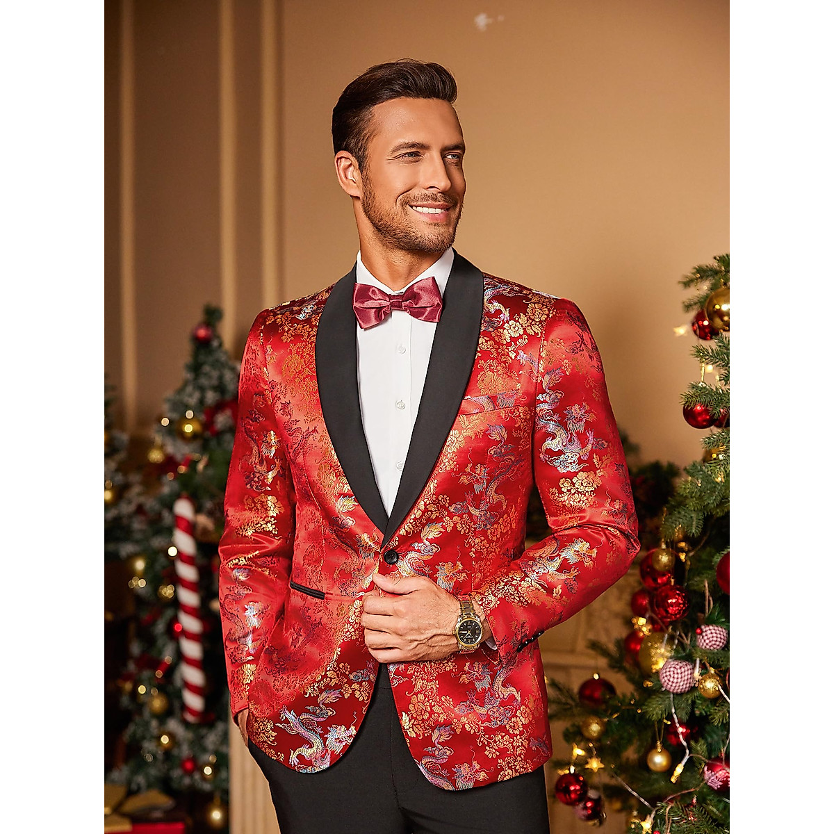 Coofandy Men's Stylish Dragon Floral Suits Fashion Slim Fit One-Button Blazer Jacket, Red, XX-Large