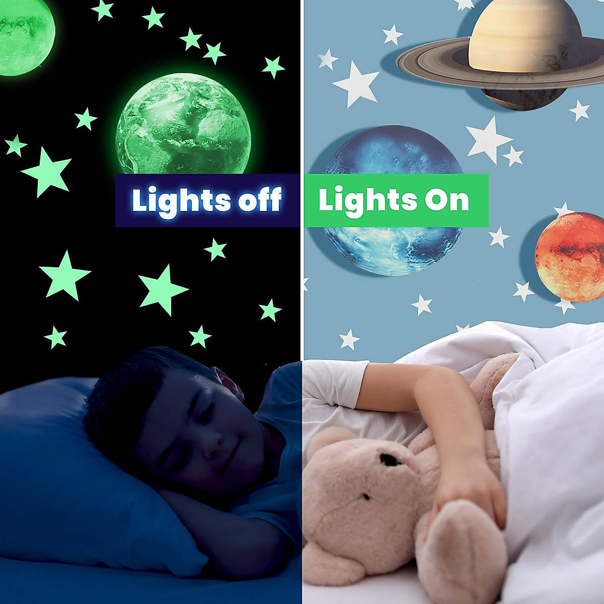 Glow in The Dark Stars and Planets, Bright Solar System Wall Stickers -Glowing Ceiling Decals for Kids Bedroom Any Room,Shining Space Decoration, Birthday Christmas Gift for Boys and Girls (Green)