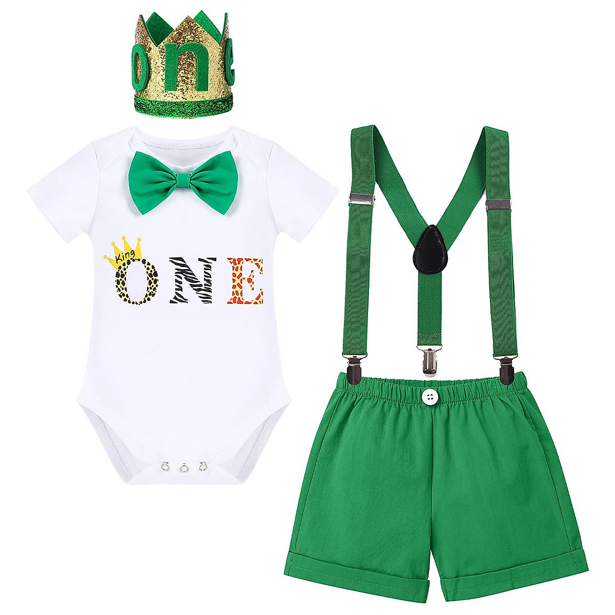 Boys Baby Jungle Cake Smash Outfit 1st Birthday Animal Print Bow Tie Romper Safari Theme Short Sets Wild Lion Crown Headbands Casual Summer 4PCS Clothes Set Green One 1T
