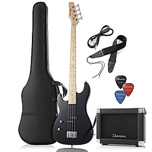 Davison Guitars Left Handed Electric Bass Guitar with 15-Watt Amp, Blue - 4 String Full Size Beginner Kit with Gig Bag and Accessories