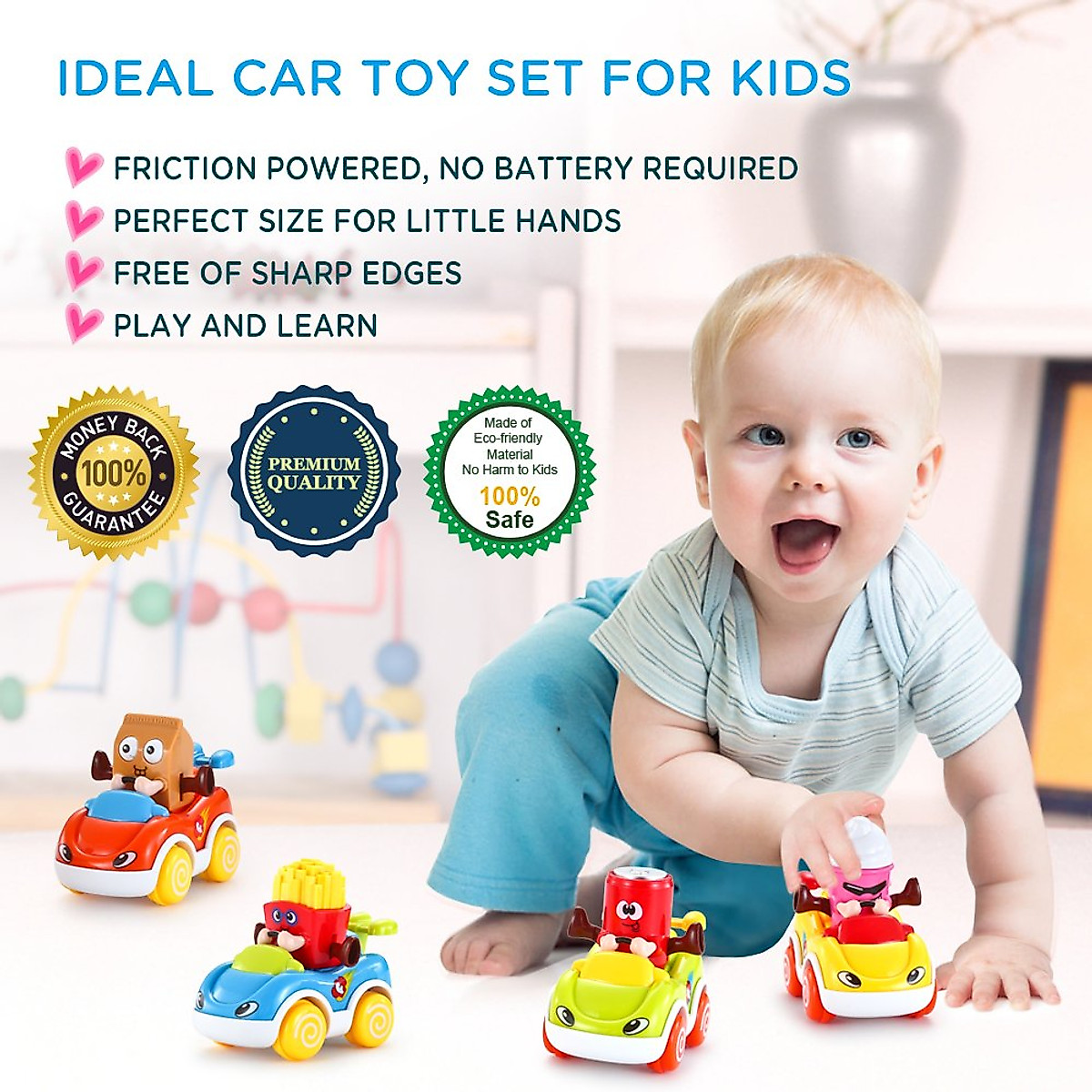 LUKAT Cars Toys for 1 2 3 Year Old Boys and Girls, Push and Go Friction Powered Vehicles Toy Set of 4 Baby Cars