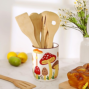 Nefelibata Mushroom Ceramic Utensil Holder Rustic Functional Utensil Crock Kitchen Storage Decor Perfect for Storing Cooking Tools and Cutlery Keep Organized Large Crock for Countertops