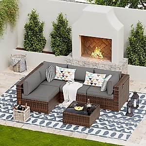 UDPATIO Patio Furniture Sets, Modular Rattan Outdoor Patio Sectional Furniture Sofa Set, Wicker Patio Conversation Set for Backyard, Deck w/Glass Coffee Table, 5PC Brown/Grey (Include Sofa Cover)