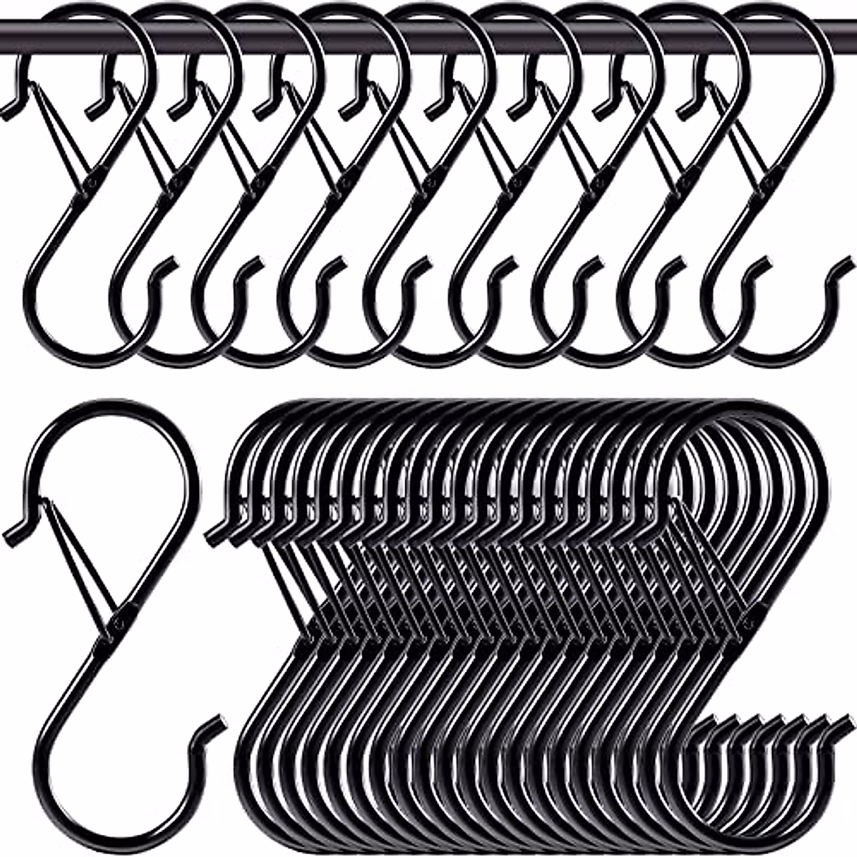 30 Pack S Hooks for Hanging,S Hooks with Safety Buckle,Heavy Duty S Shaped Hooks,3.55 inch Rustproof S Hanging Hooks,Black S Hooks for Hanging Plants Kitchen Utensil Pots Pans Bathroom Closet Garden