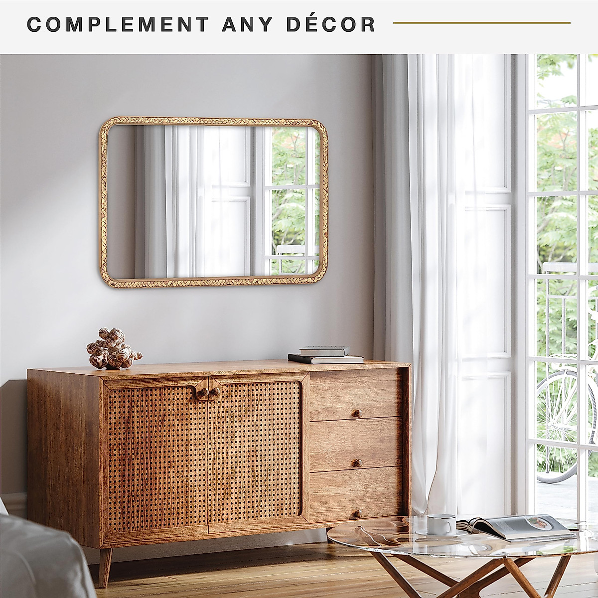 MCS 24x36 Large Wall Mirror, Natural Woodgrain Solid Wood Frame with Braided Seagrass Detail, Vertical & Horizontal Coastal Mirror for Bathroom, Bedroom & Livingroom