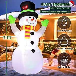 7 FT Christmas Inflatables Giant Snowman Outdoor Decorations, Blow up Snow Man Yard Decor Built-in Bright LED Light Wear Magic Hat, Weatherproof Holiday for Garden Patio Lawn Party Xmas Gifts
