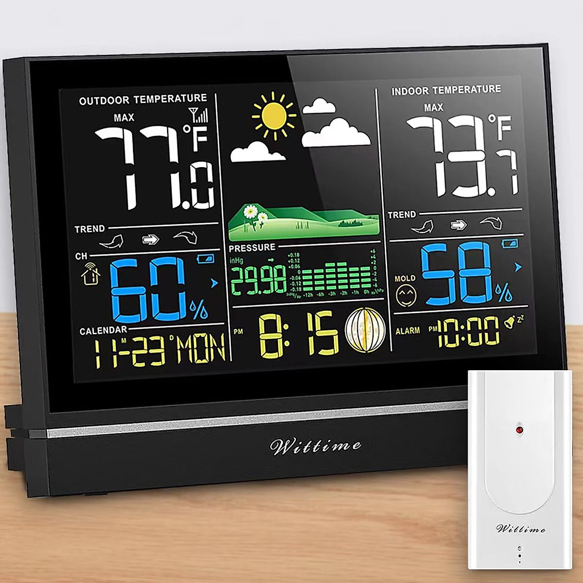 Wittime 2076B Weather Station with Atomic Clock Wireless Indoor Outdoor Thermometer Temperature and Humidity Monitor Inside Outside Barometer with Temp Sensor