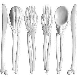 Skeleton Shaped Plastic Silverware Set Plasticware: Reusable, Dishwasher Safe, Non Toxic, Heavy Duty Forks Spoons & Knives (Place Setting for 6-18pcs Total)