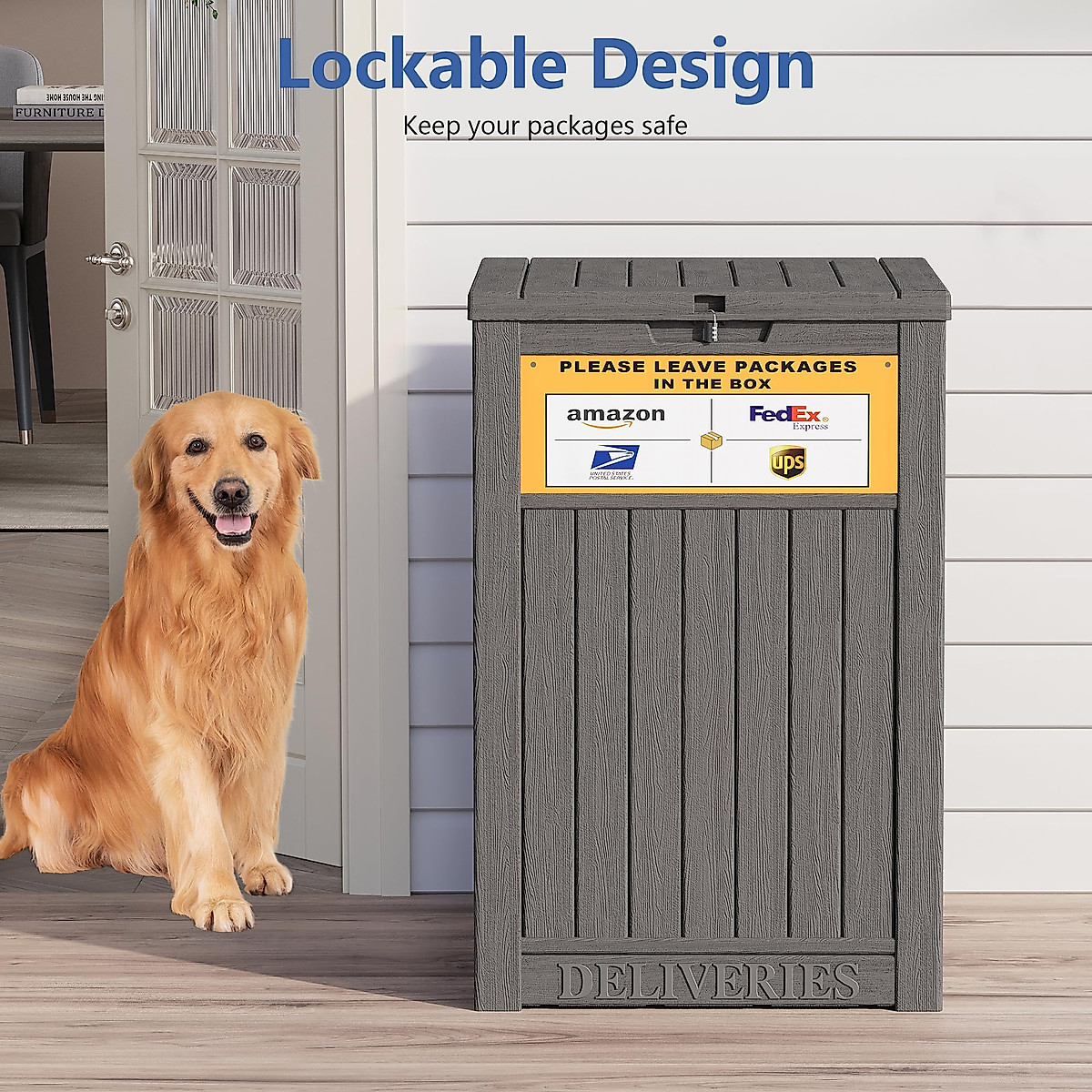 LHBGO Package Delivery Box for Porch with Delivery Sign, 48 Gallon Storage Box with Lockable Secure, Large Double Wall Resin Outdoor Package Delivery and Waterproof Deck Box