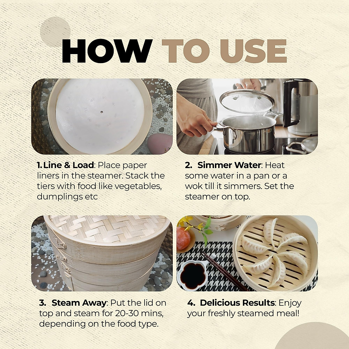 Grown Goods Bamboo Steamer Handmade Basket with Lid | 10 inch 2 Tier Steaming Basket Traditional Design | For Dumplings, Rice, Dim Sum, Vegetables, Fish, and Meat | Includes 50 liners, 2 bamboo sauce