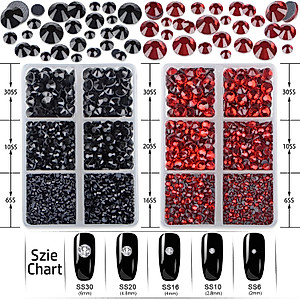 LPBeads 6400 Pieces Black and Red Hotfix Rhinestones Flat Back 5 Mixed Sizes Crystal Round Glass Gems with Tweezers and Picking Rhinestones Pen