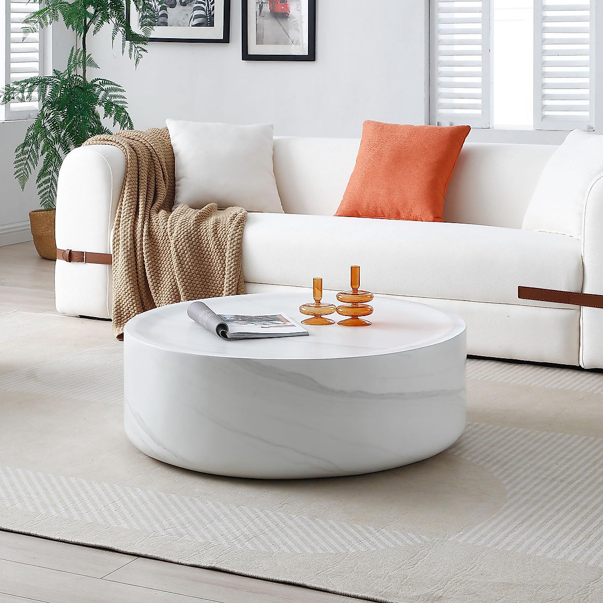 WILLIAMSPACE 35.43" Round White Coffee Table with Marble Texture, Modern Drum Circle Fiberglass Coffee Table Side Table End Table for Living Room, ø35.43"*11.81"H (White-Low Coffee Table)