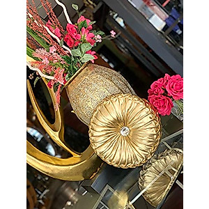 Tresshouse European Round Throw Pillows, Soft Spandex Fabric Pumpkin Pleated Handmade Metallic Accent Circle Insert Cushion Diamond to Enhance for Sofa Bedroom Livingroom Couch Cover Chair Gold