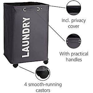 WENKO Quadro Laundry Basket with Wheels, Rolling Laundry Bin with Lid, Slim Laundry Hamper, Laundry Sorter, Clothes Storage, Grey, 15.7 x 23.6 x 13 inch