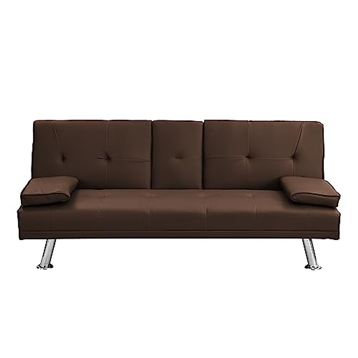 Eafurn Convertible Futon Bed with 2 Cup Holders, Modern Split-Back Folding Loveseat Sleeper w/Adjustable Backrest,Small Sofa & Couches Sofabed, Brown PU