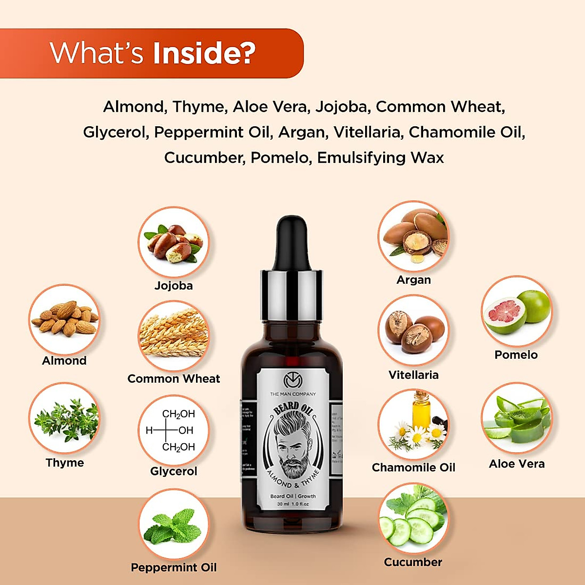 The Man Company Beard Oil for Growing Beard Faster with Almond & Thyme - 30ml | Beard Conditioner Oil, Softens & Strengthens Beards and Mustaches