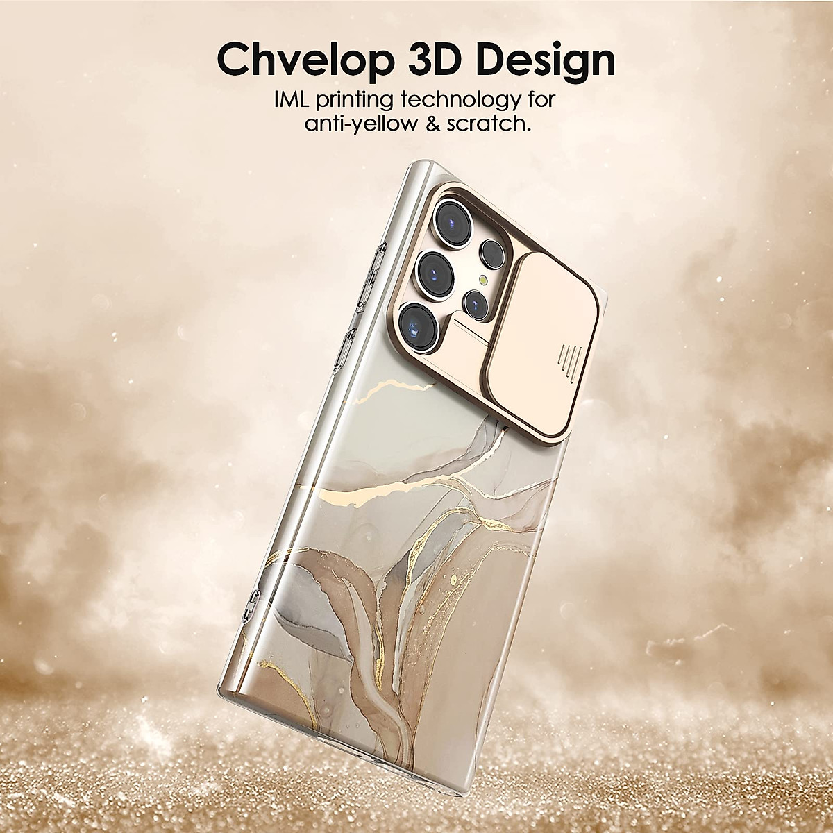 Chvelop Case for Samsung Galaxy S23 Ultra 5G with Slide Camera Cover, [Military Grade Drop Protection] Shockproof Protective Phone Case for Galaxy S23 Ultra 6.8 Inch-Brown/Golden