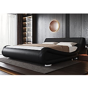 Allewie King Size Upholstered Platform Bed Frame with Ergonomic & Adjustable Headboard, Low Profile Sleigh Design for Elegant Bedroom - No Box Spring Needed, Easy Assembly, Black