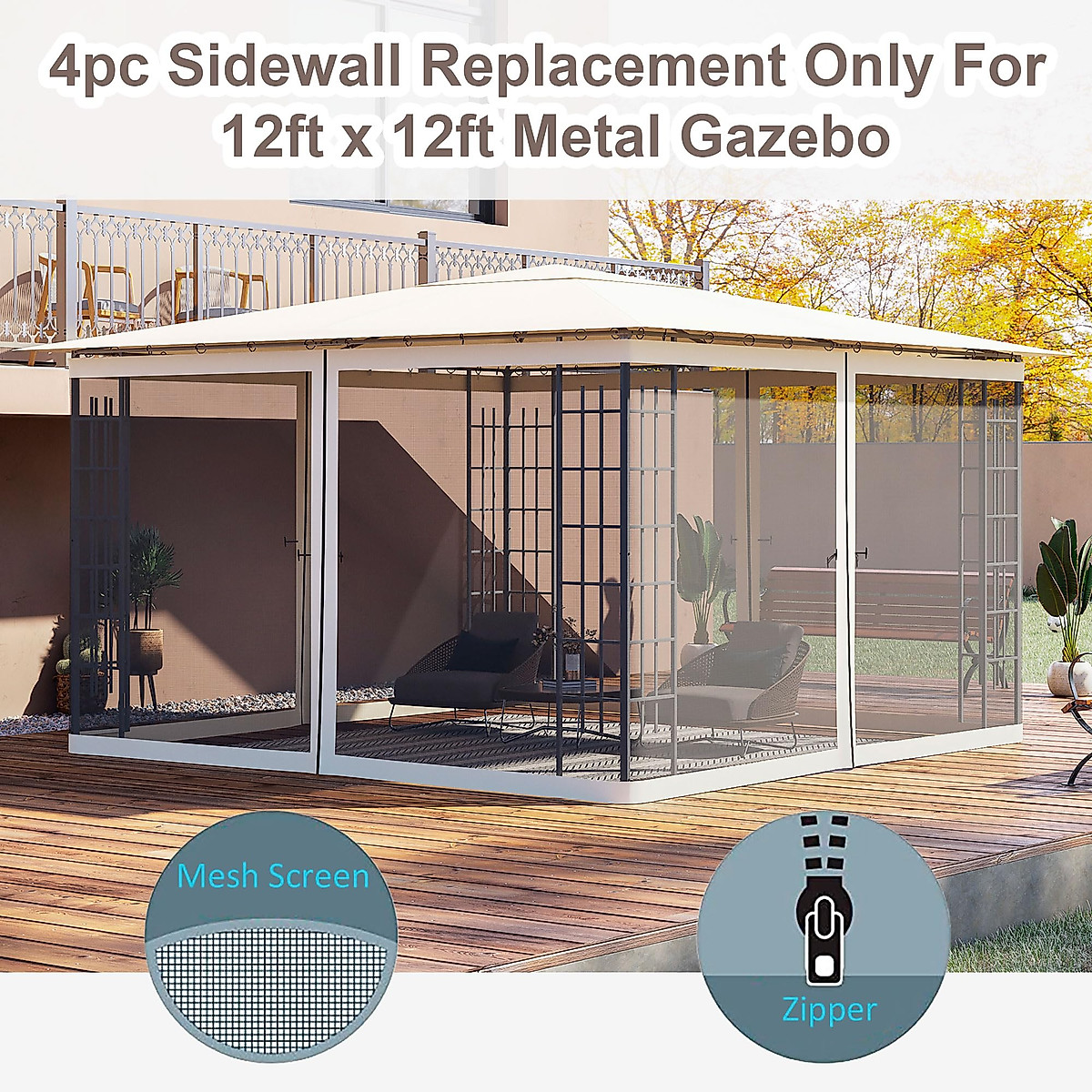 Outsunny 12' x 12' Universal Replacement Mesh Sidewall Netting for Patio Gazebos and Canopy Tents with Zippers, (Sidewall Only), Cream