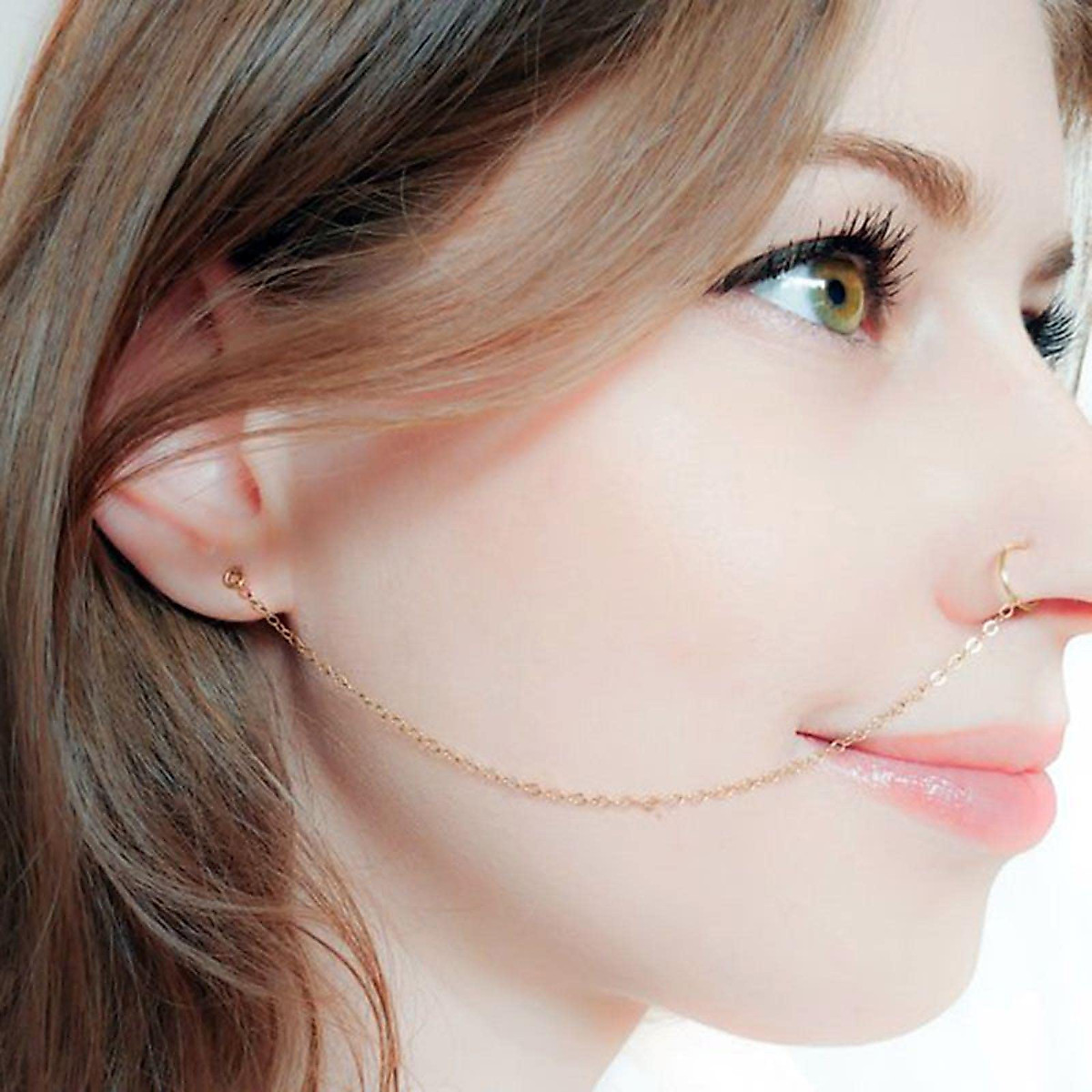Zeshimb Nose to Ear Chain Gold Plated Nose Ring Studs Hypoallergenic Surgical Steel Nose Rings Retro Ear Hook Nose Hoop Nostril Piercing Jewelry for Women