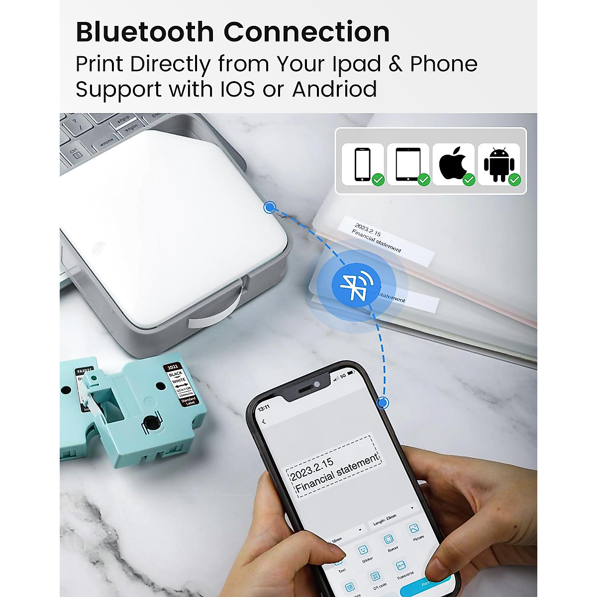 Vixic Label Maker Machine with Tape-Value Bundle includes 4 Label Tapes,D1600 Bluetooth Label Printer, Small Smart Handheld Sticker Mini Labeler, Inkless Rechargeable for Office Home School,Grey