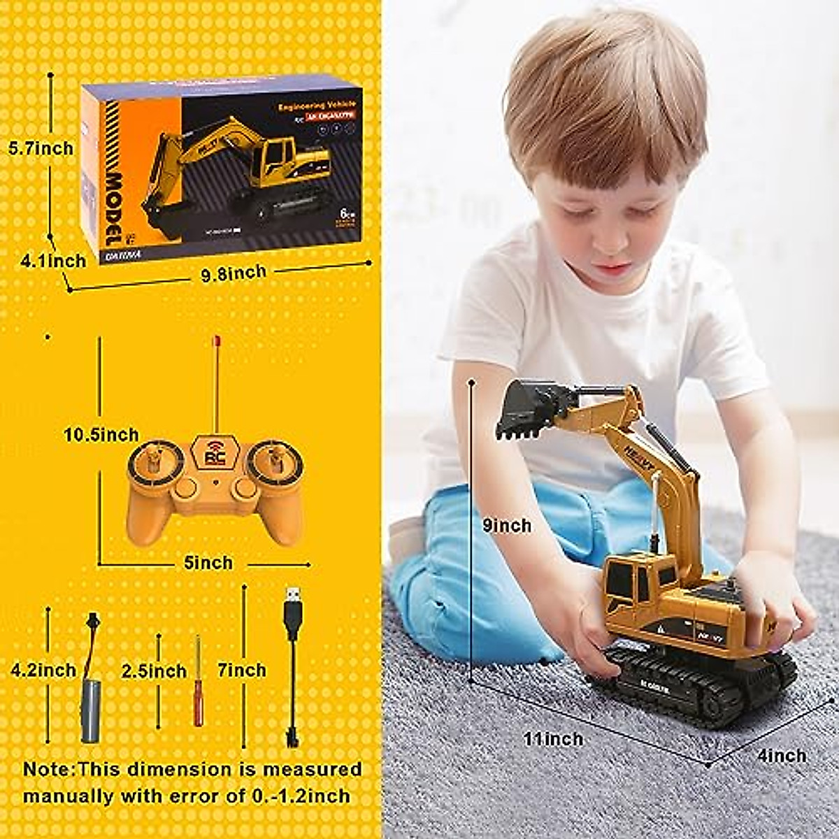 Construction Excavator - Toy Engineering Digger Truck, Remote Control Rechargable Hydraulic Car for 6 7 8 9 Year Old Boys Girls, Educational Birthday Gifts for Kids 3 4 5 Years Old