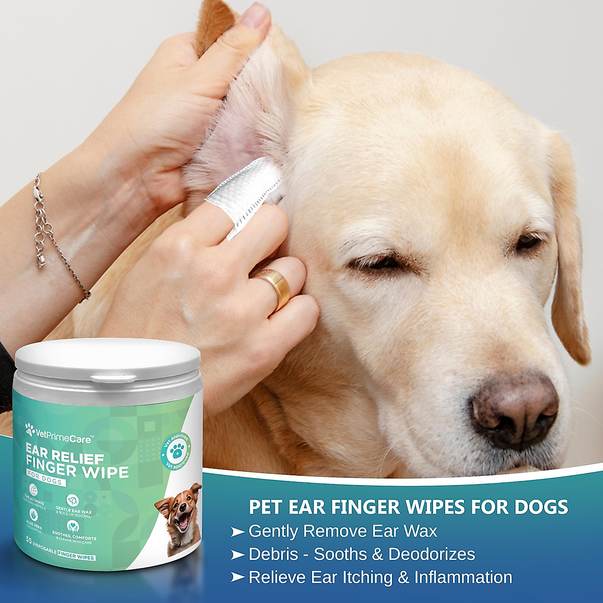 VET PRIME CARE Pet Finger Wipes for Dogs Ear Relief, Aloe Vera & Eucalyptus Infusion, Pet Grooming Wipes, Remove Debris & Ear Wax, Soothe & Deodorize, 55-Count Pack.