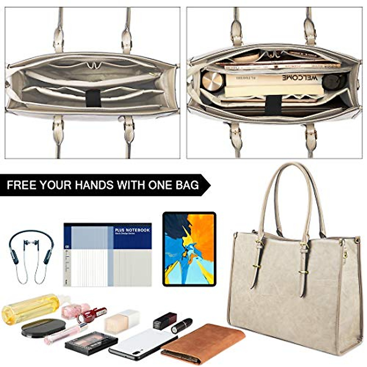 Laptop Bag for Women 15.6 Inch Waterproof Lightweight Leather Laptop Tote Bag Womens Professional Business Office Work Bag Briefcase Large Computer Bag Shoulder Handbag Beige