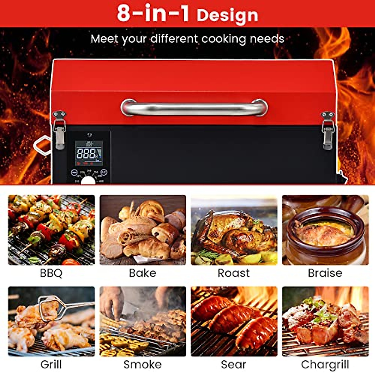 ORALNER Portable Pellet Grill and Smoker, 8 in 1 Tabletop Smoker Outdoor BBQ w/ Auto Temp Control for Camping RV Travel Tailgating Apartment Cooking, Small Wood Pellet Smokers w/ LCD Screen, Grease Bucket, Stainless Steel Meat Probe (Red)