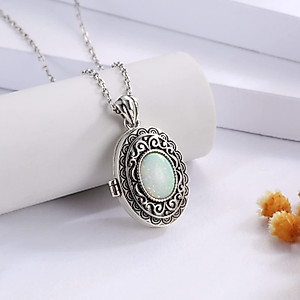 MANBU Sterling Silver Locket Necklace for Women Oval-Shaped Locket Pendant Holds Pictures Always with You Vintage Style Photos Locket Jewelry Gifts for Loved One (opal locket necklace)