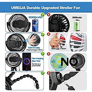ABSKRYO Portable Stroller Fan 12000mAh Battery Operated Fan Used As Power Bank Charger Clip on Fan with Flexible Tripod Personal Small Handheld Desk Baby Car Seat Fans for Stroller Bed Camping Beach