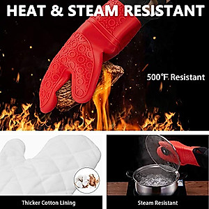 Silicone Oven Mitts with Adjustable Cuff, RoomyRoc Oven Mitt with Non-Slip Grip and Thicker Liner, Heat Resistant Pot Holders, Extra Long Professional Soft Flexible Oven Gloves, Red, 1 Pair, 14.7 Inch