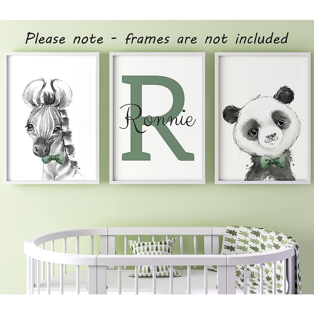 Safari Animals Boys Nursery Bedroom Unframed set of 3 Poster Prints, Personalized Name Blue Green Yellow Bow Tie Wall Art Decor New Baby Gift Present, Elephant Giraffe Lion Zebra (9x12)