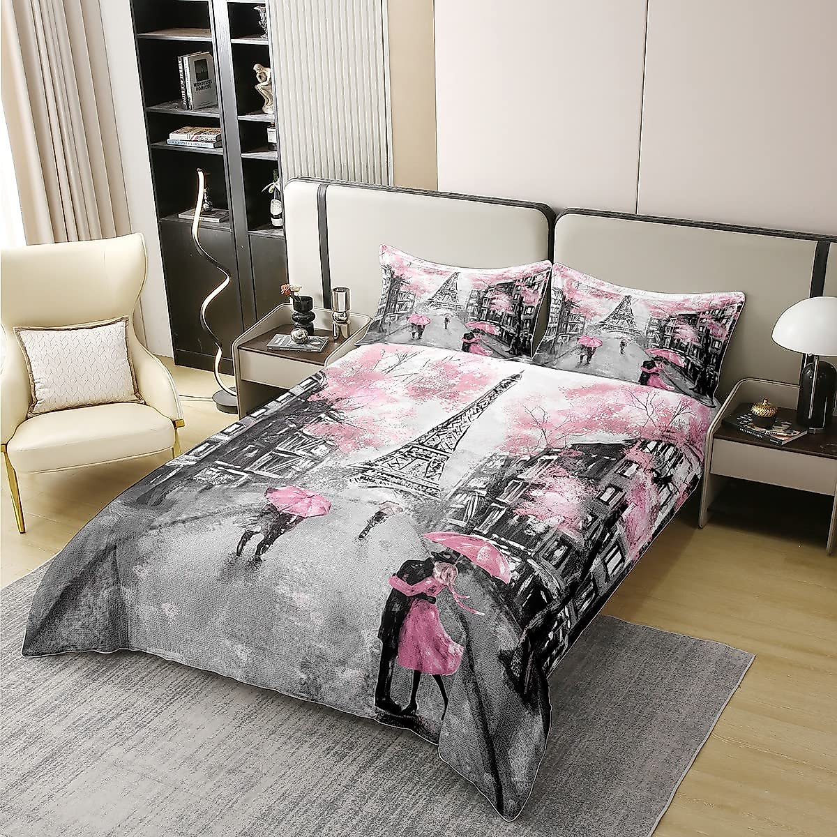 100% Cotton Paris Duvet Cover King,Pink and Grey Eiffel Tower Bedding Set for Teens Girls,Watercolor Cherry Blossoms Comforter Cover,Romantic Couple Retro Gray Building Bed Sets with 2 Pillowcases