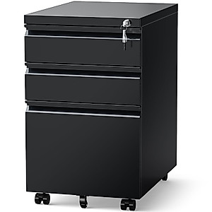 DUMOS 3 Drawer File Cabinet with Lock Metal Small Mobile Rolling Under Desk Storage for Home Office, Black