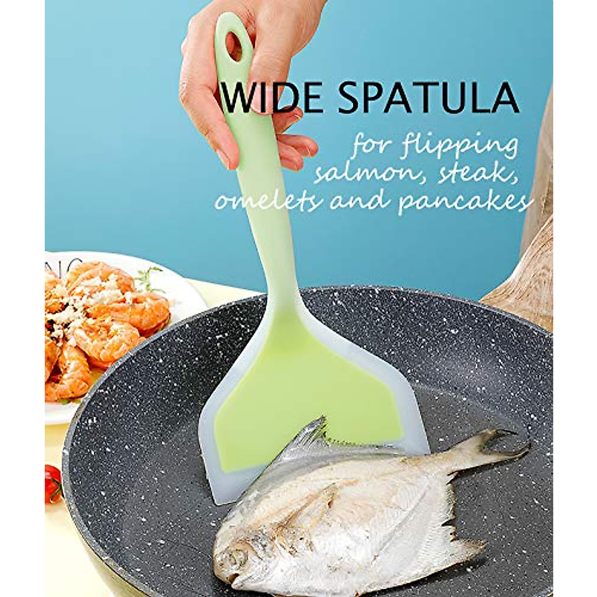 3 Pieces Silicone Spatula Turner Set - Nonstick Pancake Egg Flipper Heat Resistant 480℉- Kitchen Wok Turner, Large Wide Fish Spatula & Slotted Spatula, Cooking Utensils for Burger Omelets, Green