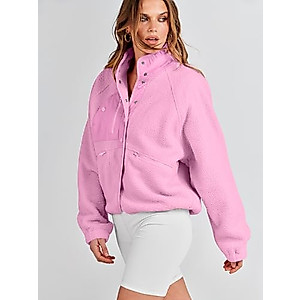 ANRABESS Womens Fuzzy Fleece Jacket Fall Casual Long Sleeve Cropped Sherpa Button Down Shacket Coats Outwear With Pockets Pink Large