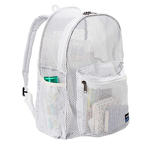 K-Cliffs Heavy Duty Mesh Backpack Classic Student Bookbag Durable See Through Netting Gym Bag Pack | Padded Straps (White)