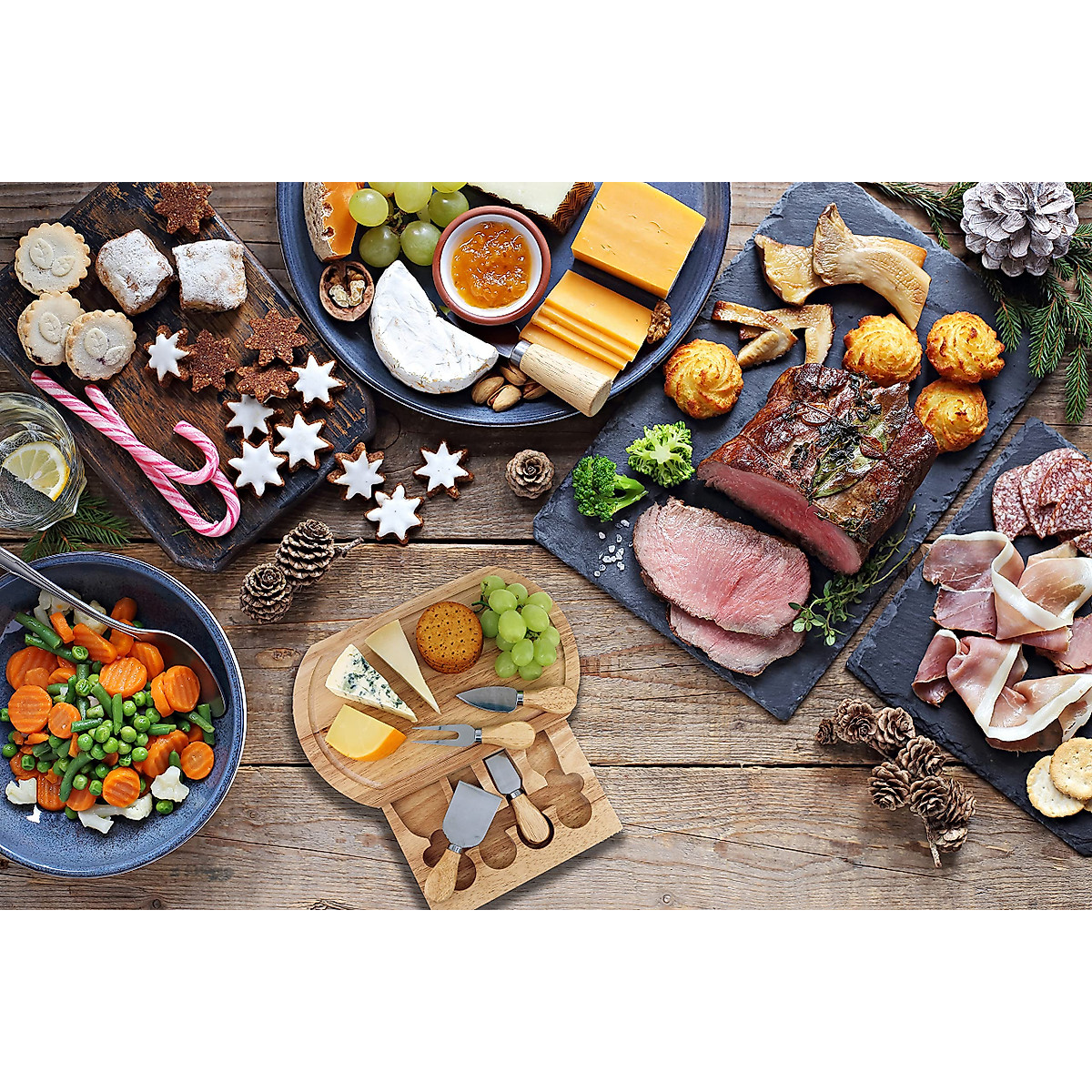 Cheese Board Set by StarBlue - with 4 Knives and Slide Out Drawer | Large Oak Wooden Cheese and Platter Cutting Serving Plate Tray | Best for Housewarming and Birthday Gift