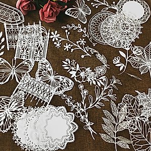 40 Pcs Vintage Cutout Lace Scrapbook Paper Leaves, Frame, Flowers, Butterfly White Cutout Decorative Paper DIY Craft Paper Stationery for Junk Bullet Journaling Supplies