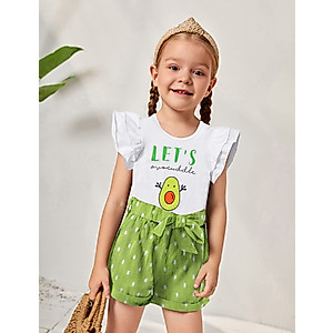 Toddler Girl Clothes 18-24 Months Girl Summer Outfits Baby Girl Clothes Sets with Avocado Ruffle Short Sleeve Top + Green Shorts Pants + Bow Hairband 3Pcs Set